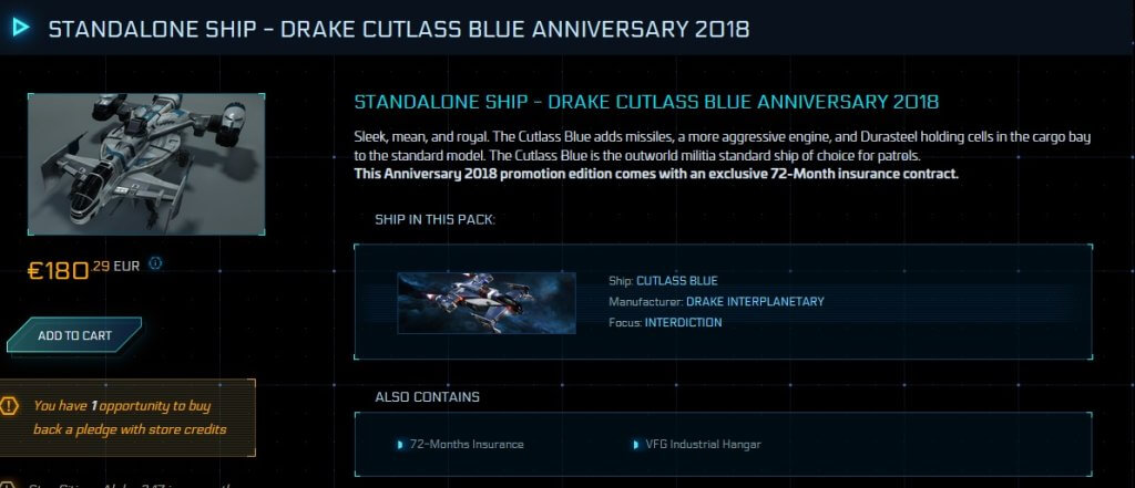 Standalone Ship - Drake Cutlass Blue Anniversary 2018 | Starship24